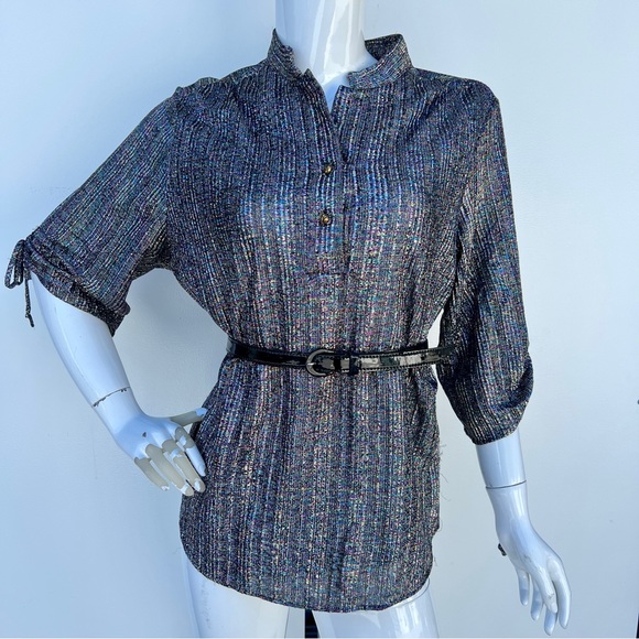 Vintage | Tops | 7s80s Metallic Threaded Henley Style Blouse | Poshmark